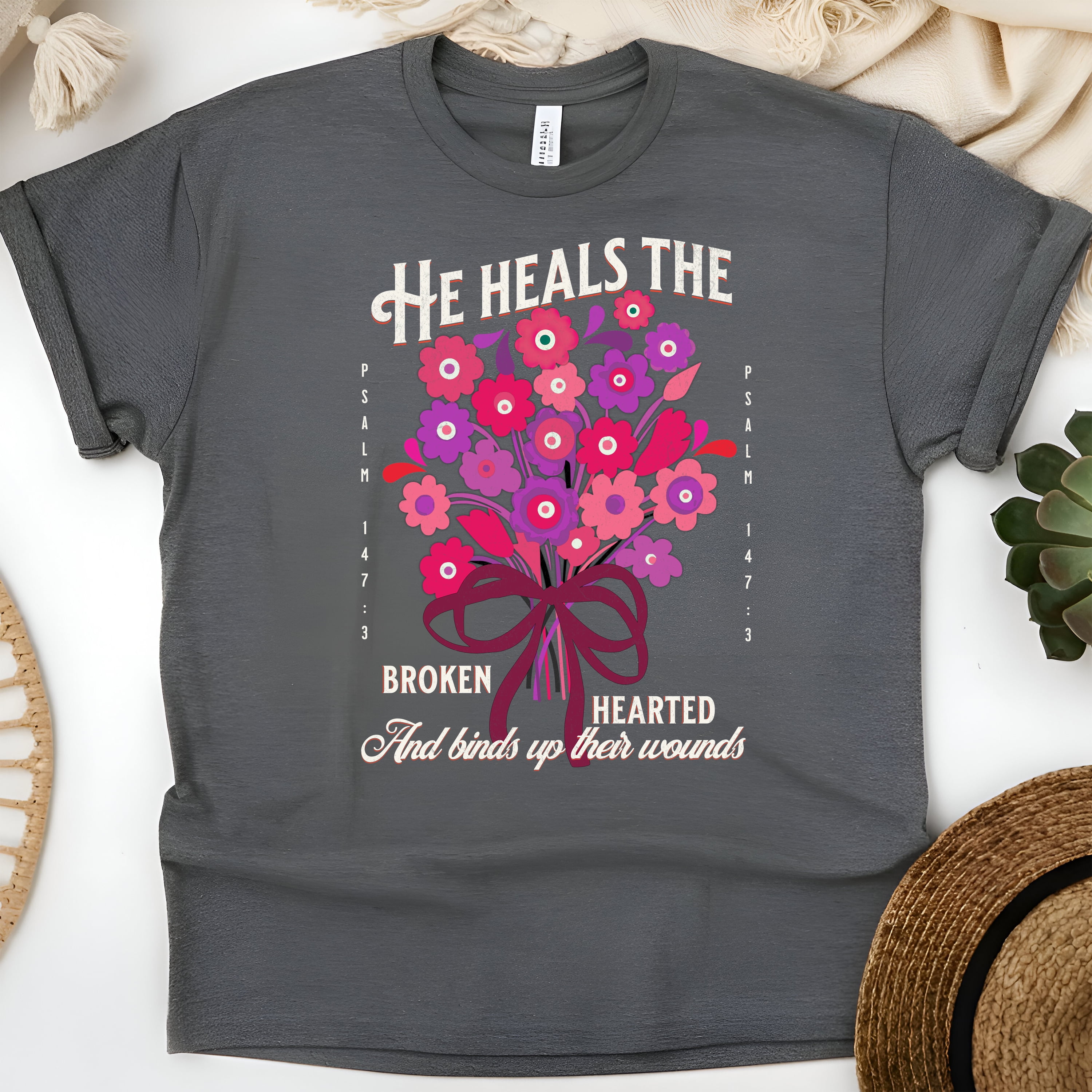 Faith Graphic Tee for Women – Bible Verse Shirt Heals the Brokenhearted, Flower Bouquet Design ...