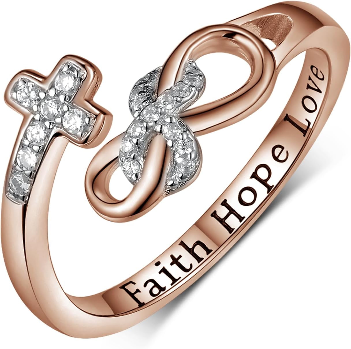 Faith Hope Love Cross Rings 925 Sterling Silver CZ Infinity Adjustable ...
