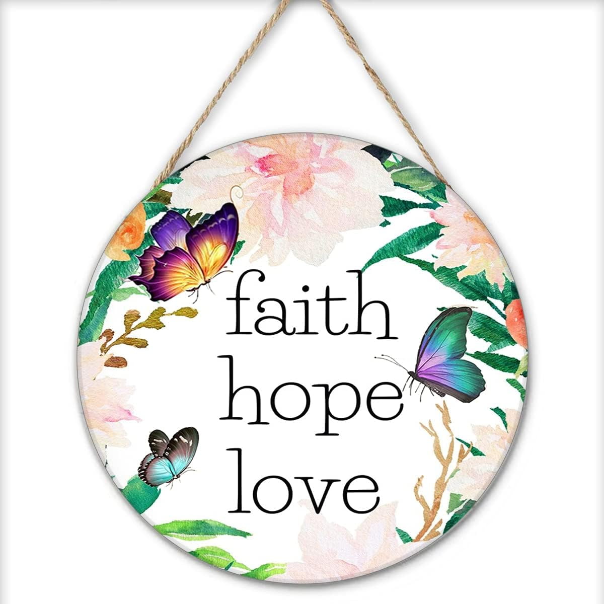 Faith Hope Love Round Wood Hanging Sign Butterfly Decor Bible Verse Art ...