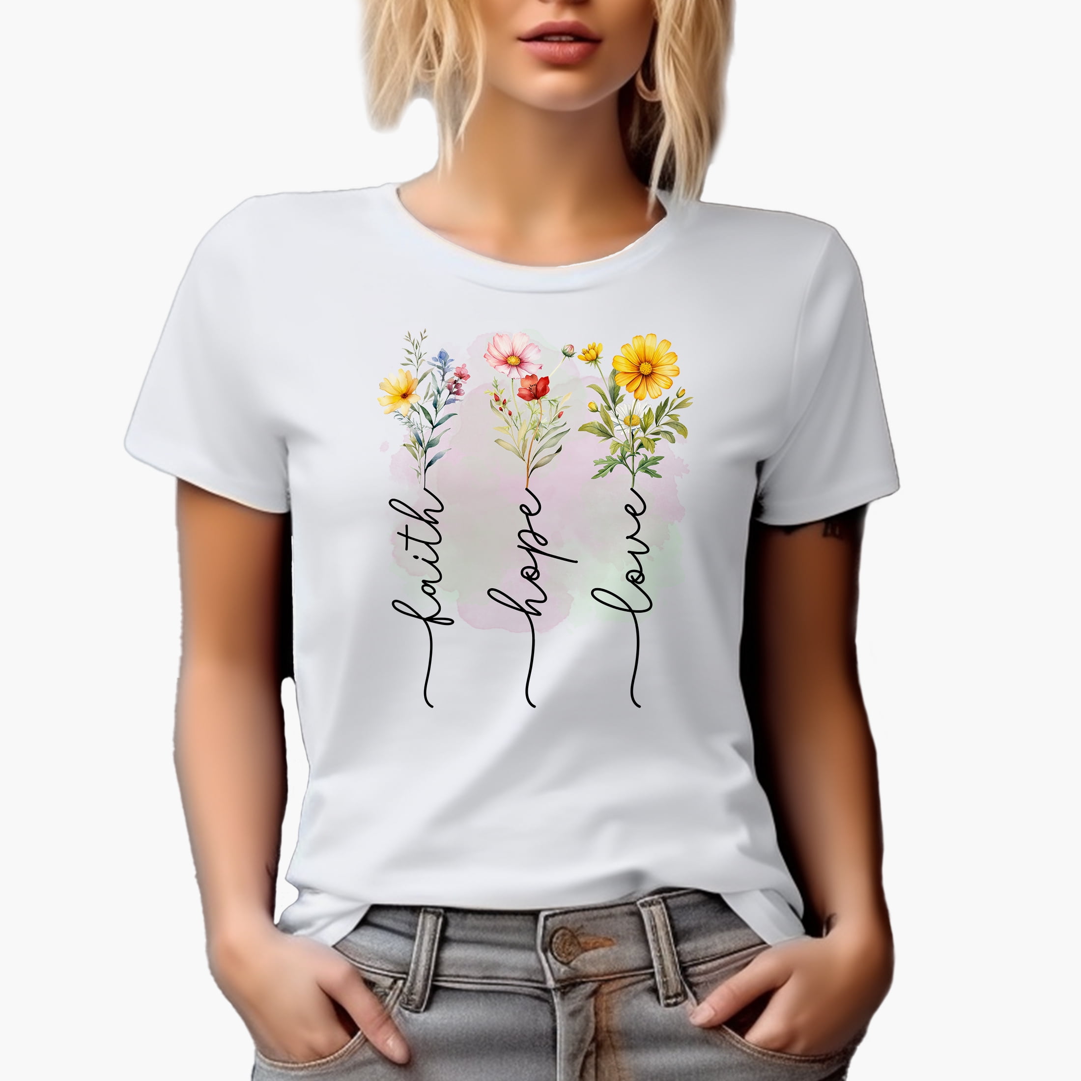 Faith, Hope, Love in Handwritten Font with Flowers Art Merch Gift ...