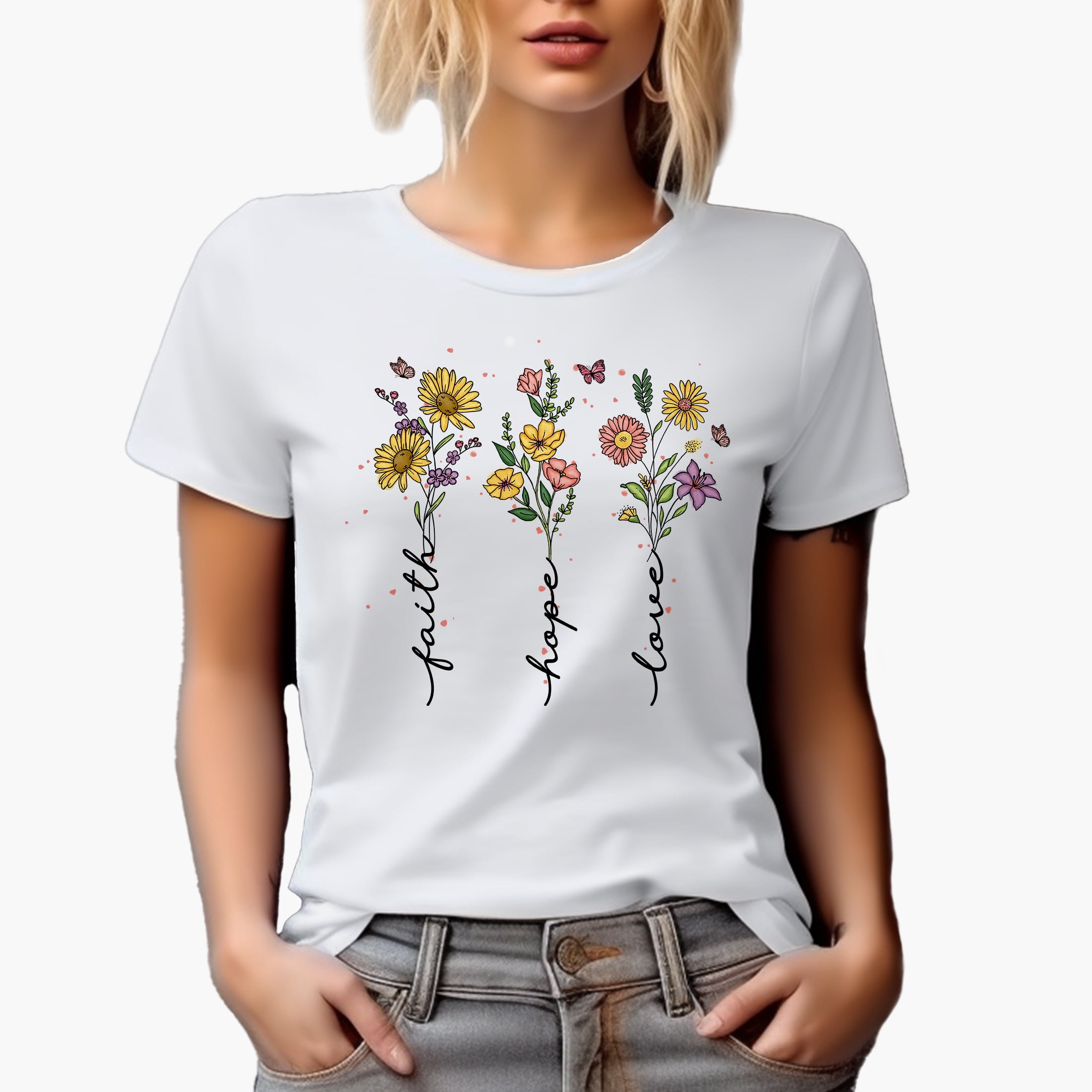 Faith Hope Love with Hand Drawn & Watercolor Flowers Art Merch Gift ...