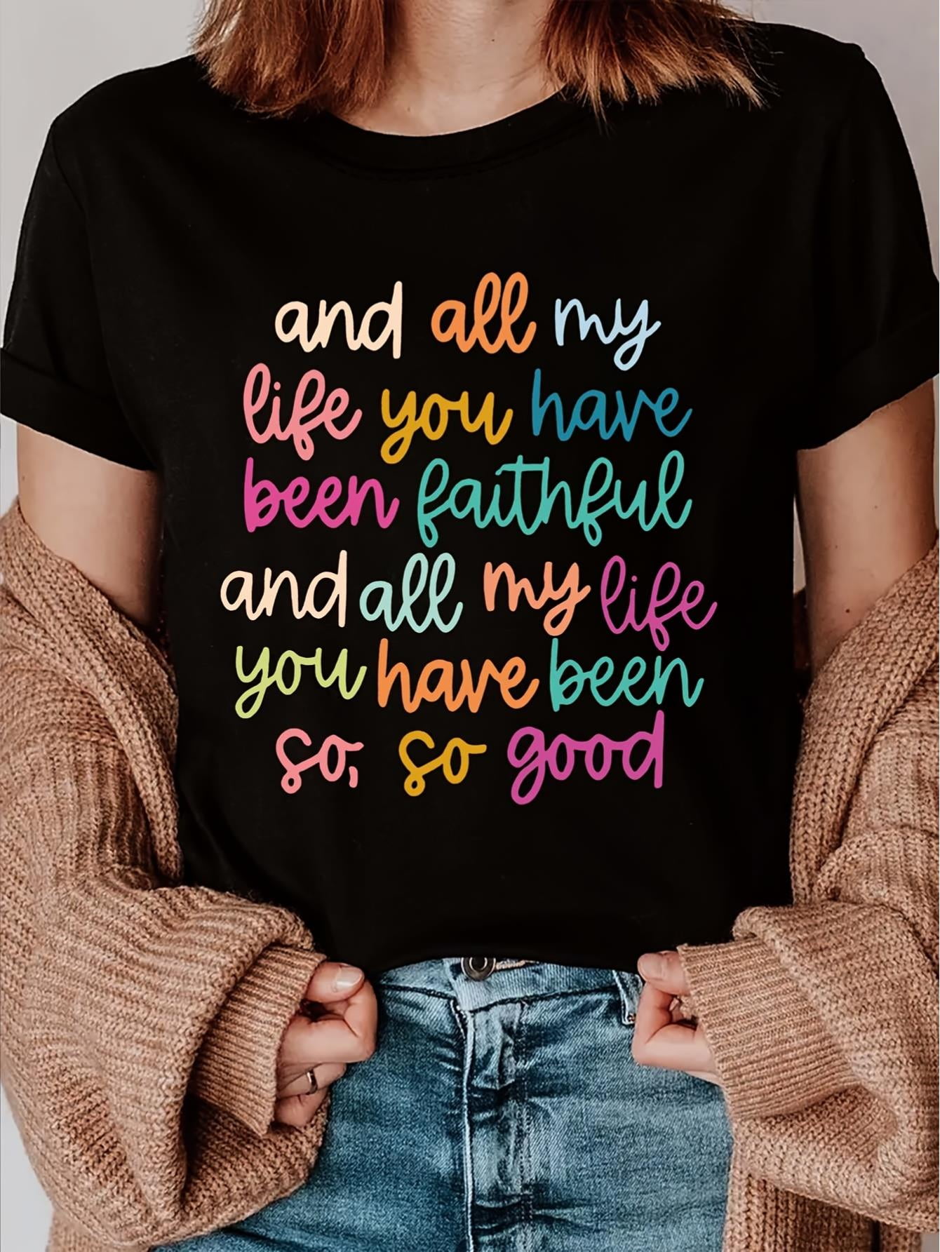 Faith-Inspired Alphabet Print Crew Neck T-Shirt, Casual Polyester Knit ...