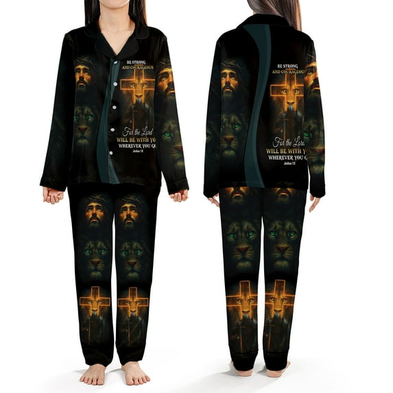 Faith-Inspired Satin Pajama Set – Spiritual Lion & Cross Art Sleepwear ...