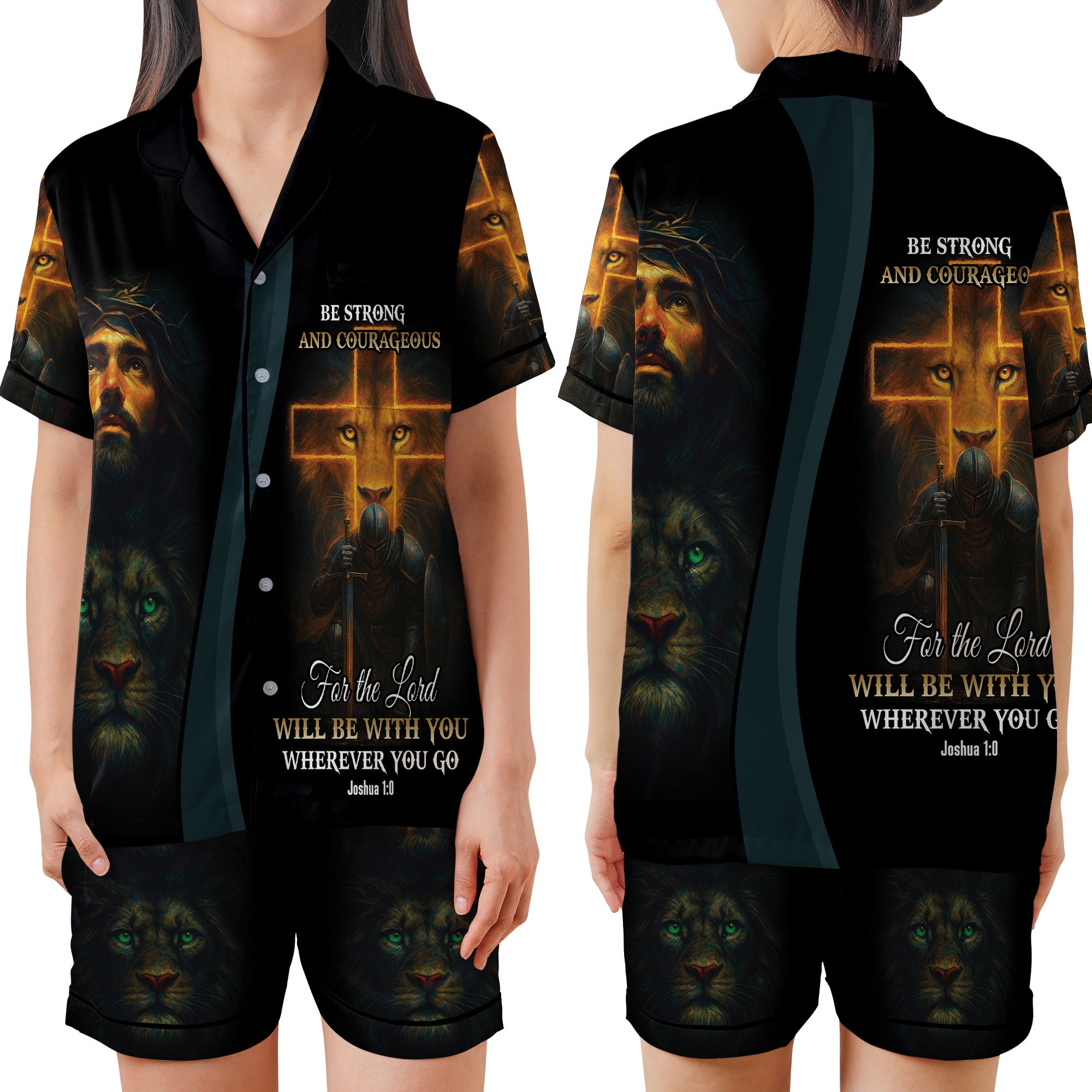 Faith-Inspired Satin Pajama Set – Spiritual Lion & Cross Art Sleepwear ...