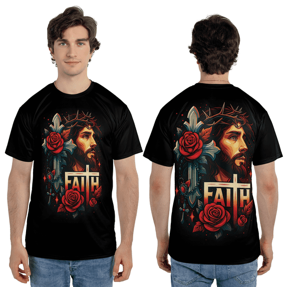 Faith Jesus 3D T-Shirt, Christian Cross Rose Pattern 3D Tee, Jesus ...