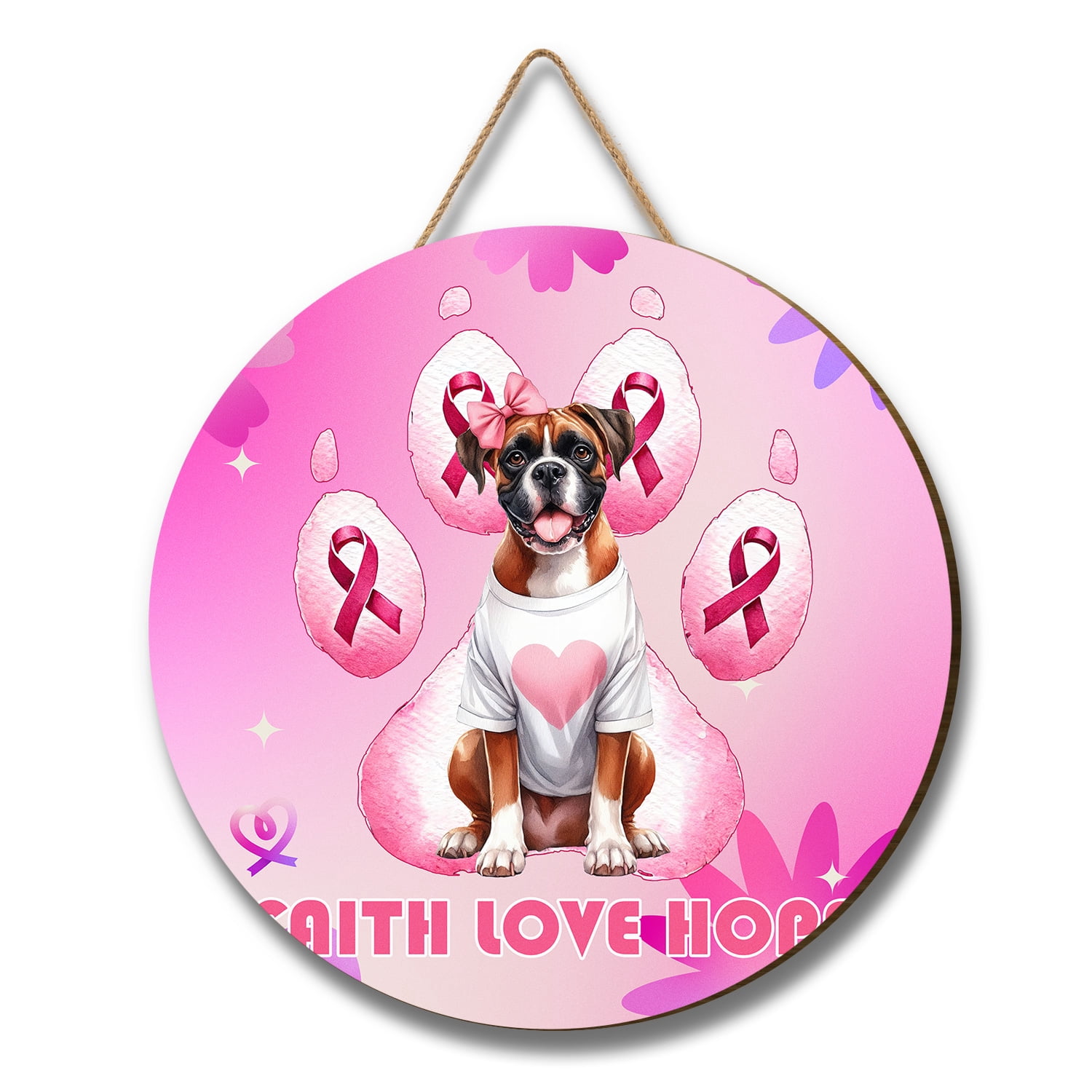 Faith Love Hope Boxer Breast Cancer Awareness Survivor Round Wood Sign ...