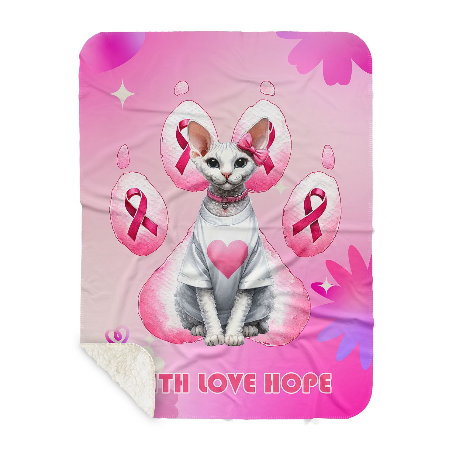 Faith Love Hope Devon Rex Breast Cancer Awareness Survivor Cozy Sherpa Blanket Cat Lover Kitten ...