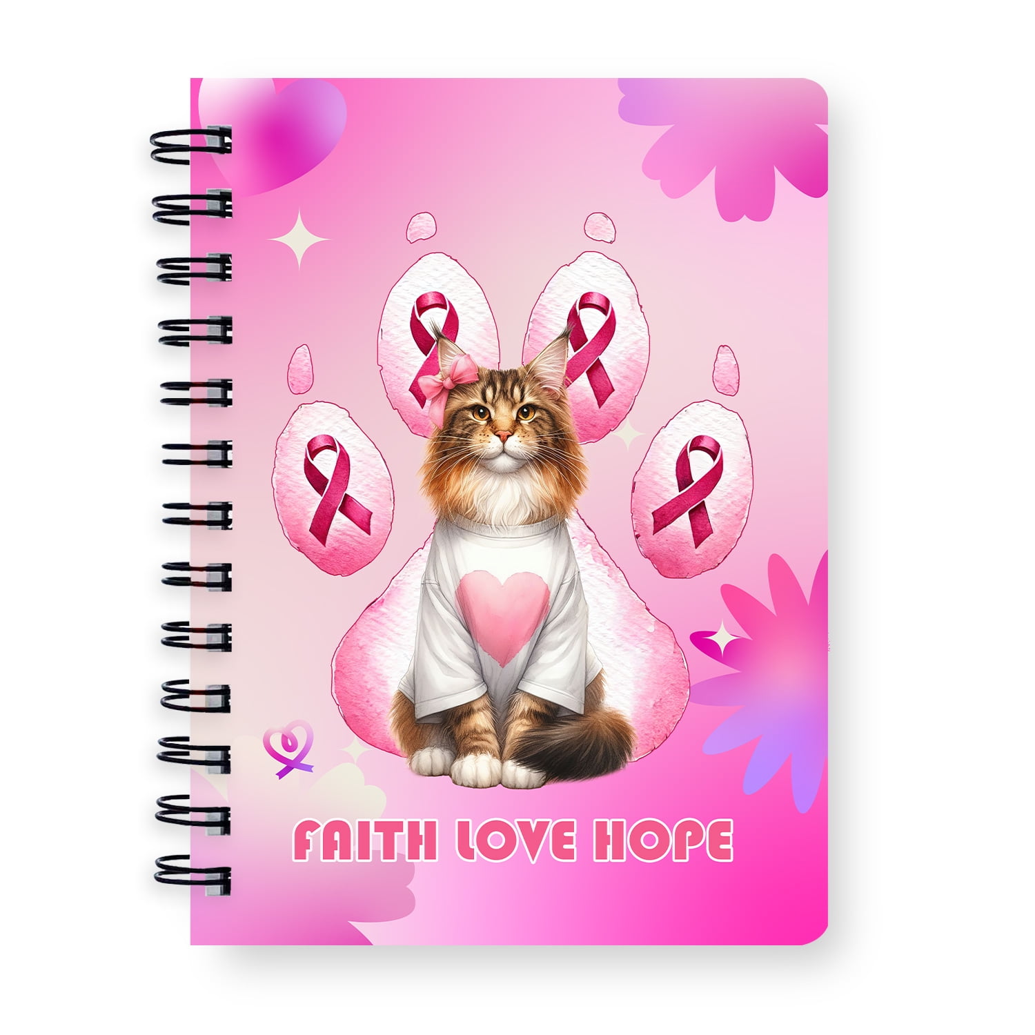 Faith Love Hope Maine Coon Breast Cancer Awareness Survivor Spiral Bound Journal Cat Lover ...