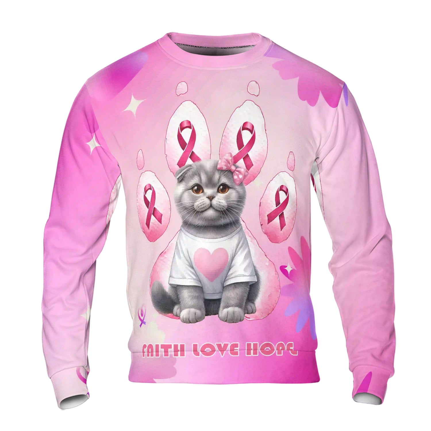 Faith Love Hope Scottish Fold Breast Cancer Awareness Survivor All Over Print 3D Sweatshirt ...