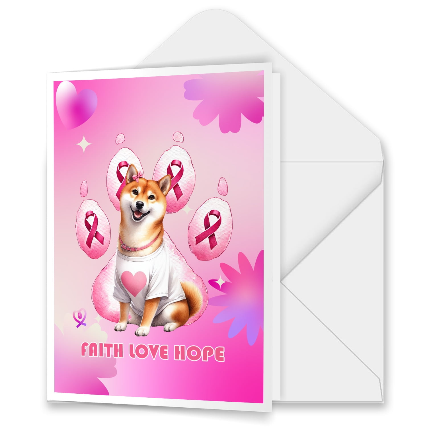 Faith Love Hope Shiba Inu Breast Cancer Awareness Survivor 5x7in Folded Greeting Card Shibas Dog ...