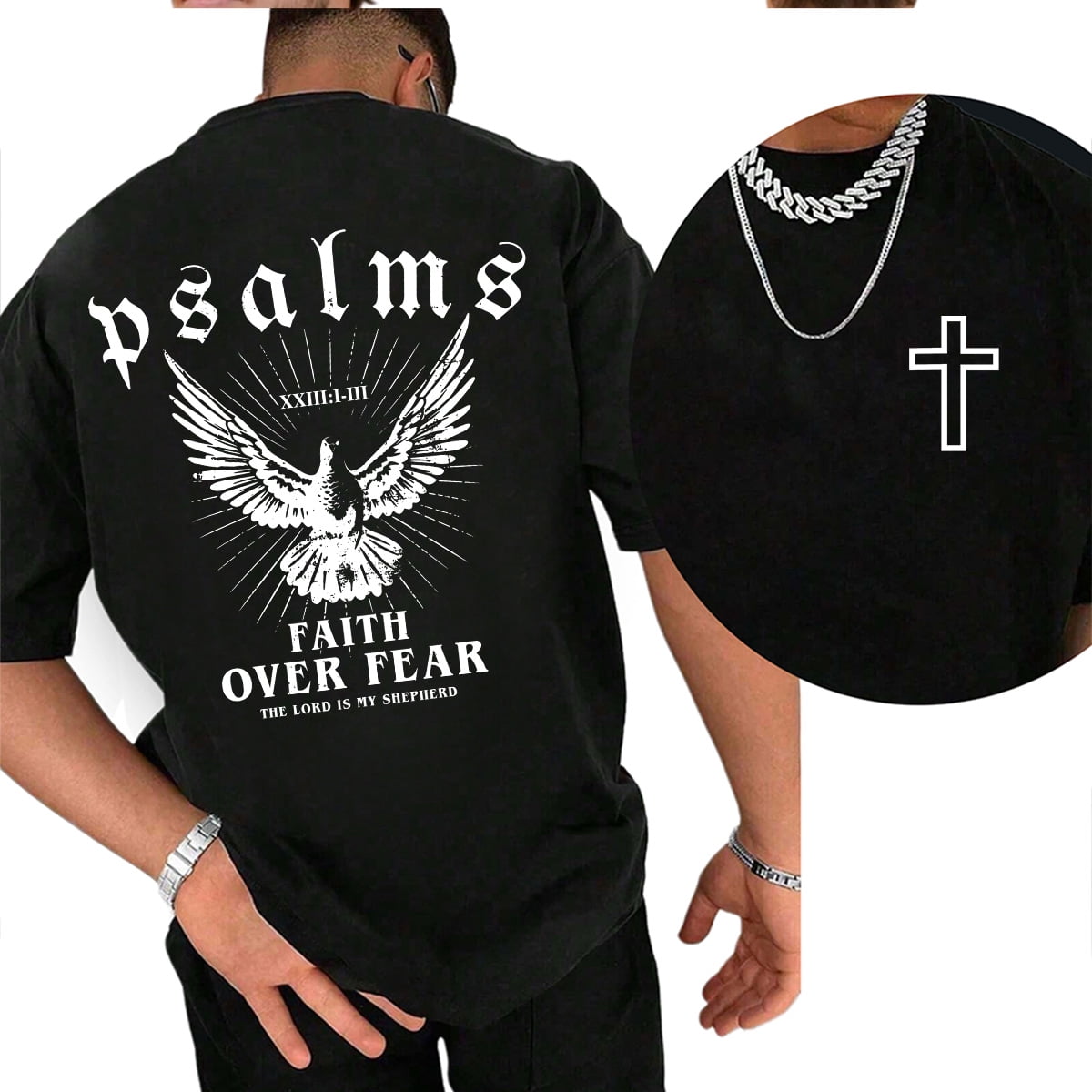 Faith Over Fear Cross Graphic 2 Sides T-Shirt, Psalms 23:1 Bible Verse ...