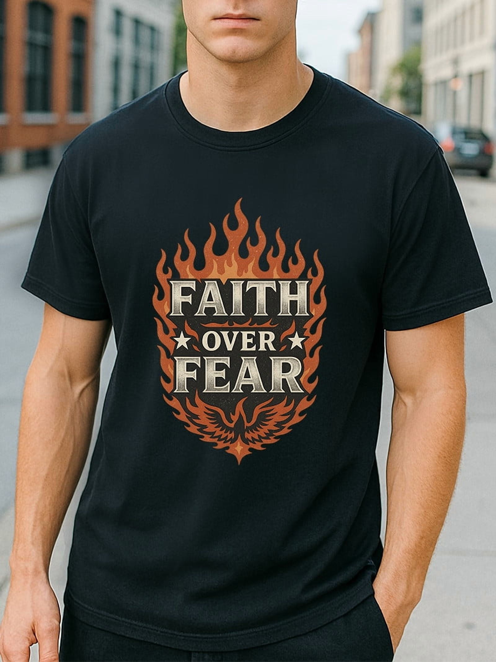 Faith Over Fear Flame T-Shirt Christian Phoenix Fire Graphic Religious ...