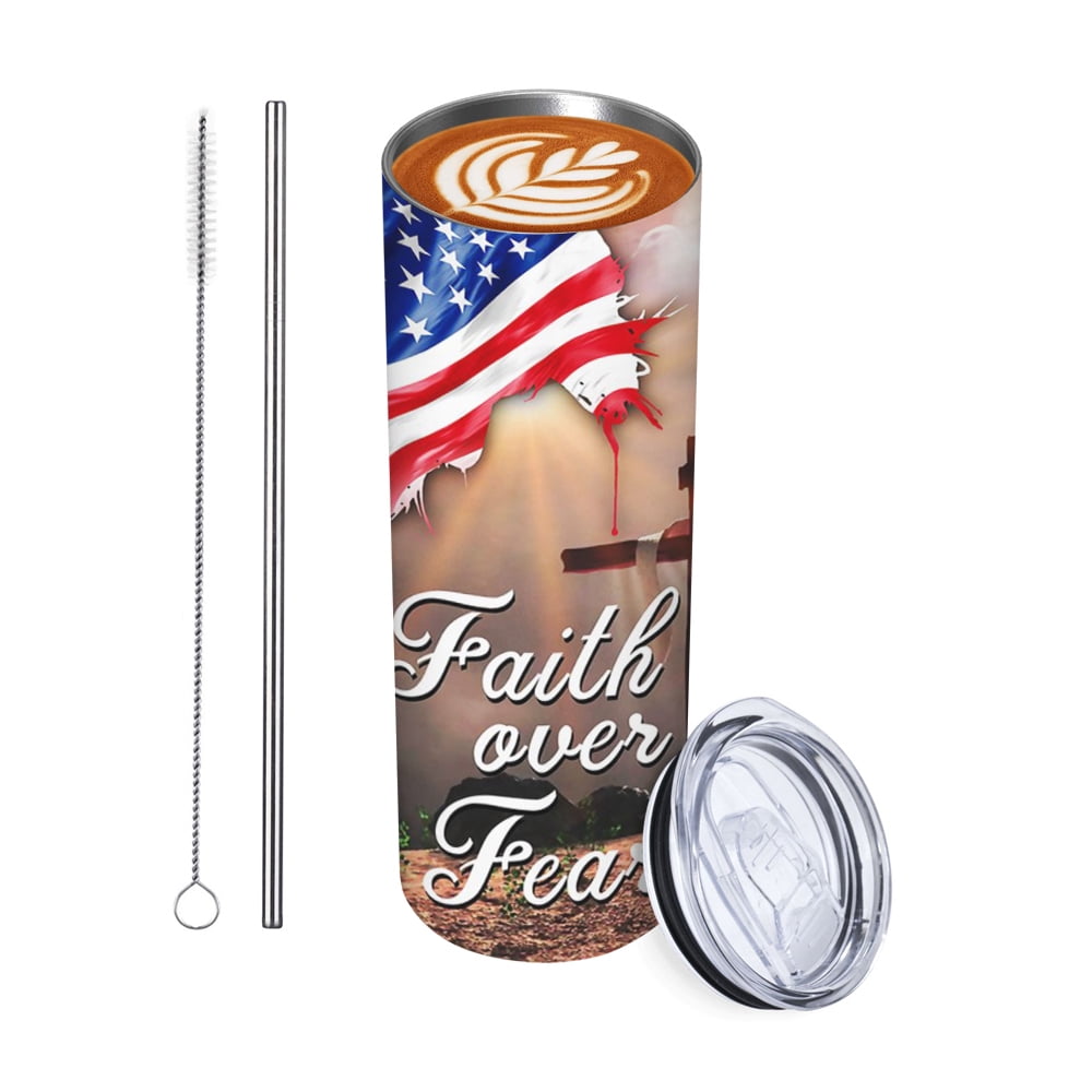 Faith Over Fear Jesus Christian Cross American Flag 20oz Coffee Mug Cup ...