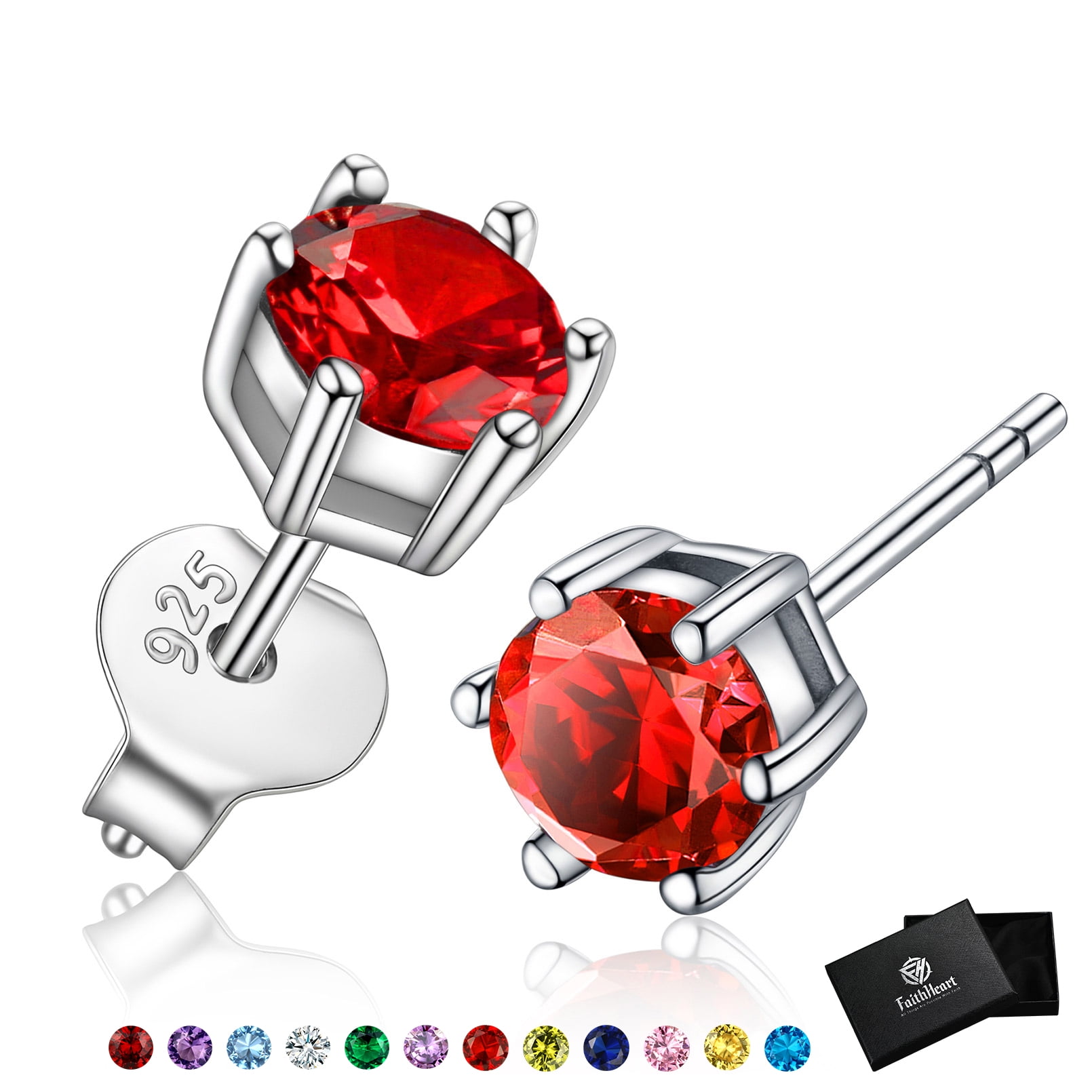 FaithHeart 925 Sterling Silver Round Stud Earrings for Women July Ruby ...
