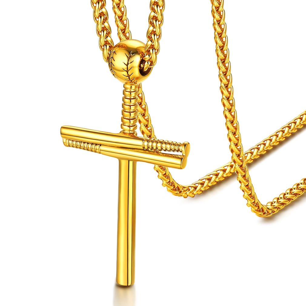 FaithHeart Baseball Cross Pendant Necklace for Men Gold Stainless Steel ...
