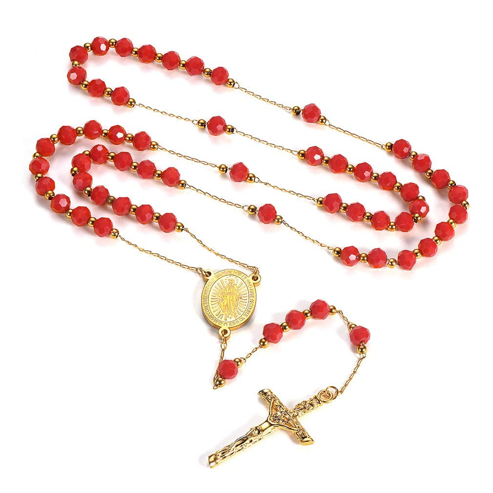 FaithHeart Catholic Rosary for Women Virgin Mary Red Bead Necklace with ...
