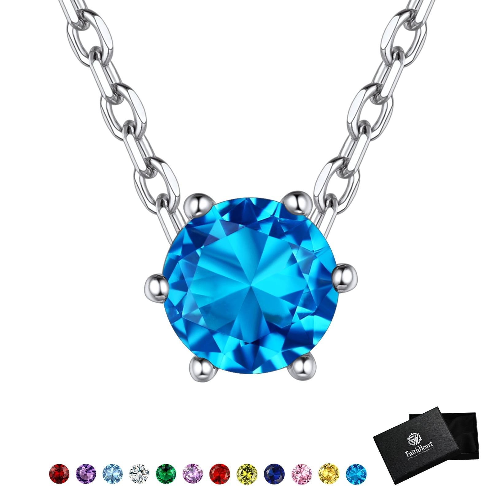 FaithHeart December Blue Topaz Birthstone Round Necklace for Women 925 ...