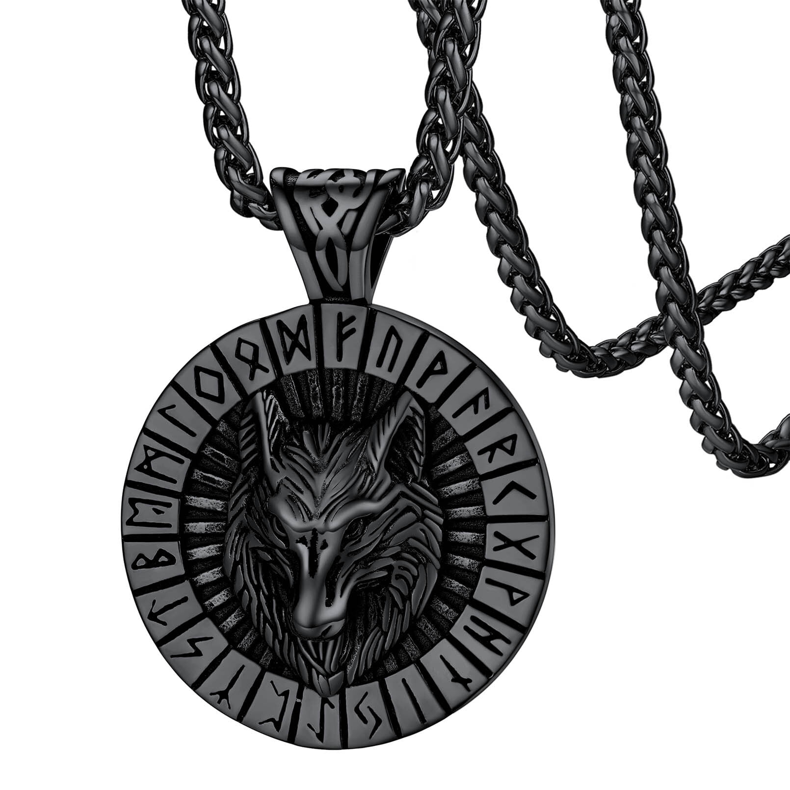 FaithHeart Fenrir Wolf Necklace for Men Norse Viking Rune Pendant Black ...