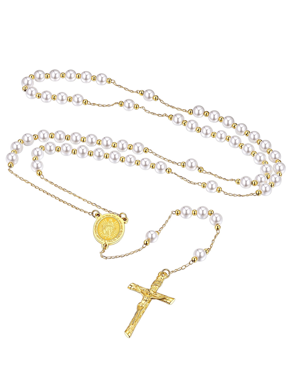FaithHeart Glass Pearl Rosary Necklace for Women Men Gold Catholic ...