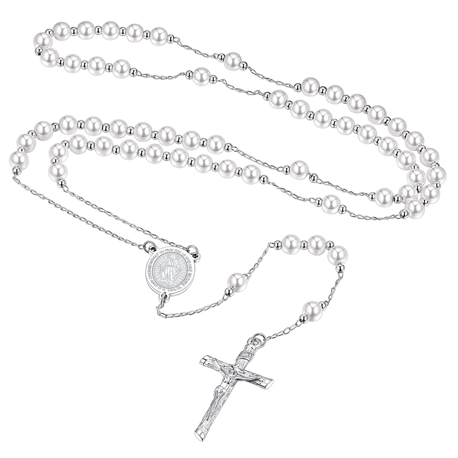 FaithHeart Glass Pearl Rosary Necklace for Women Men Silver Catholic ...