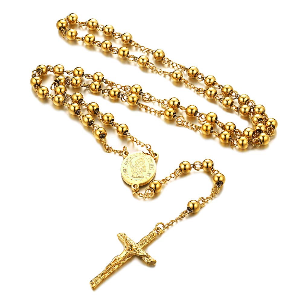 FaithHeart Gold Plated Saint Christopher Rosary Necklace, Crucifix ...