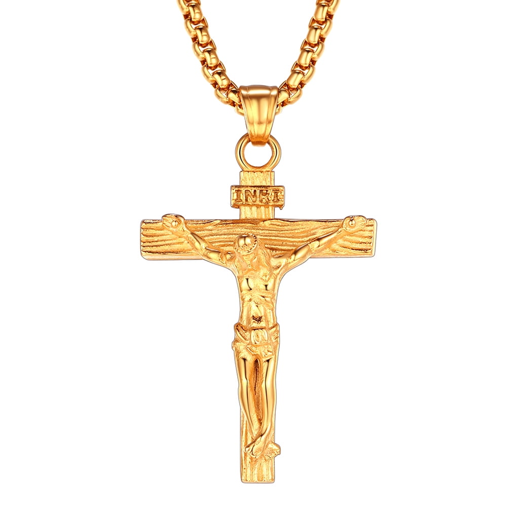 FaithHeart INRI Cross Pendant Crucifix Necklace Mens Gold Plated ...