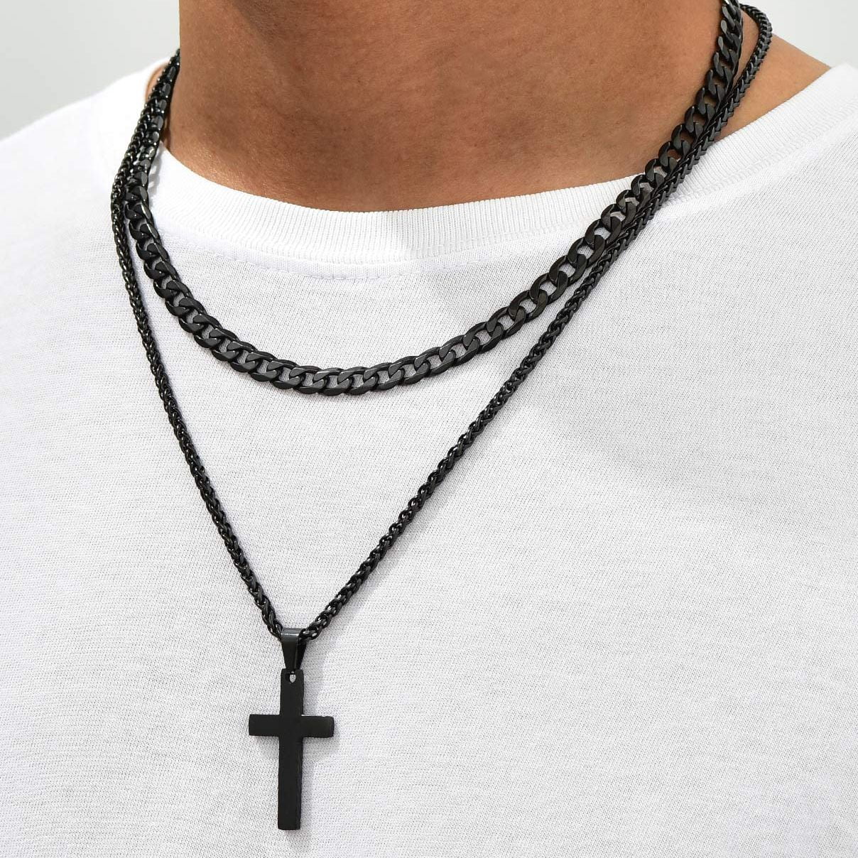 FaithHeart Layered Black Cross Necklace for Men Stainless Steel Cuban ...