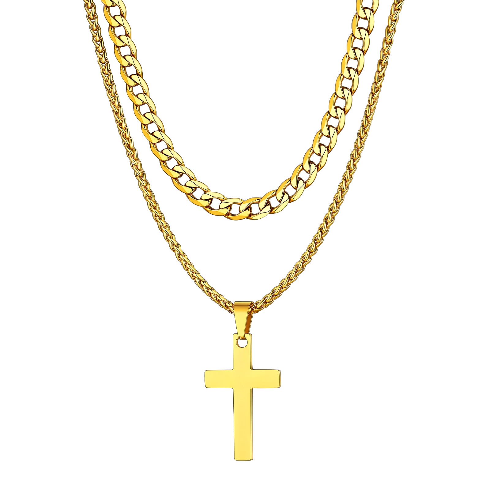 FaithHeart Layered Gold Cross Necklace for Men Stainless Steel Cuban ...