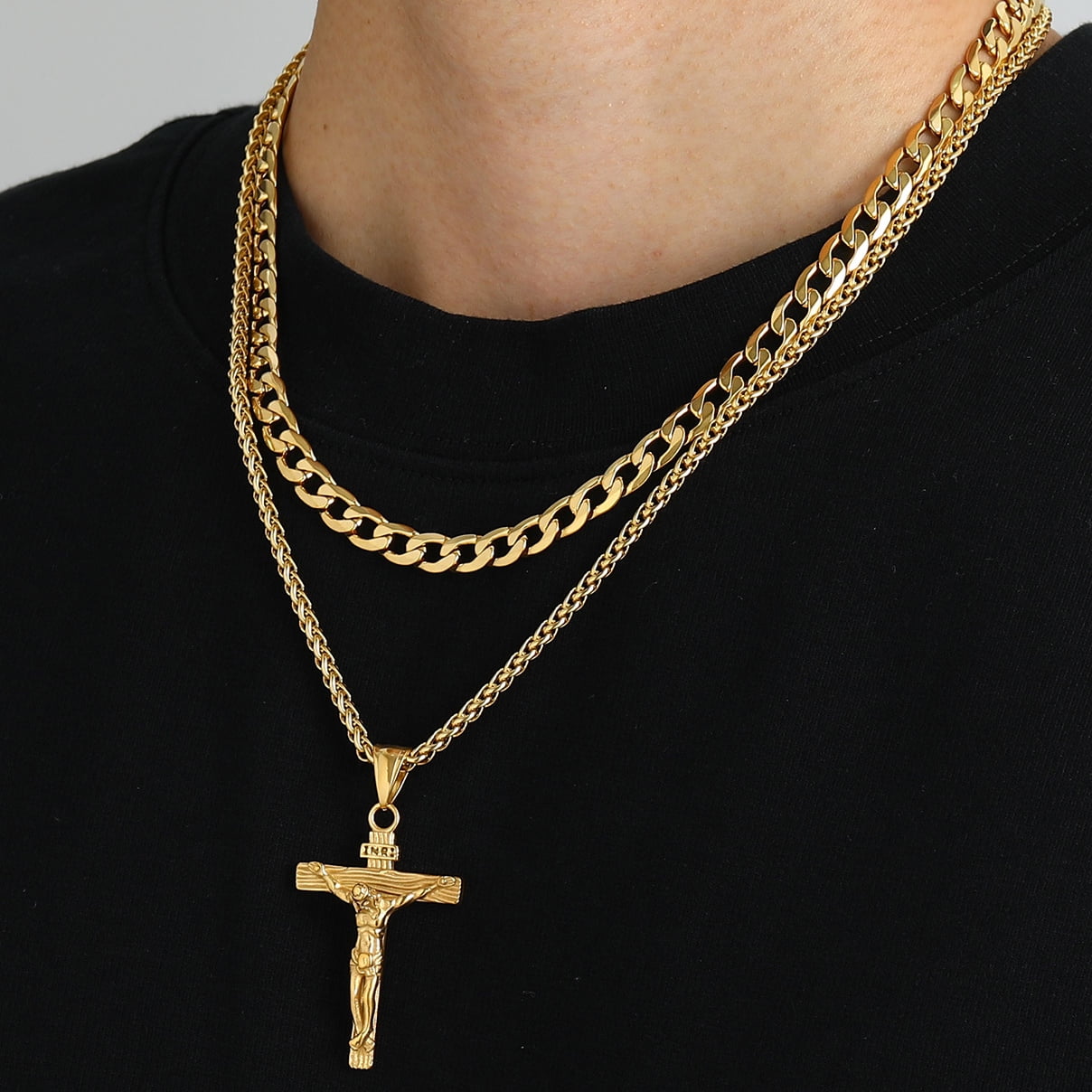 FaithHeart Layered Cross Necklace for Men Gold Plated Stainless Steel ...