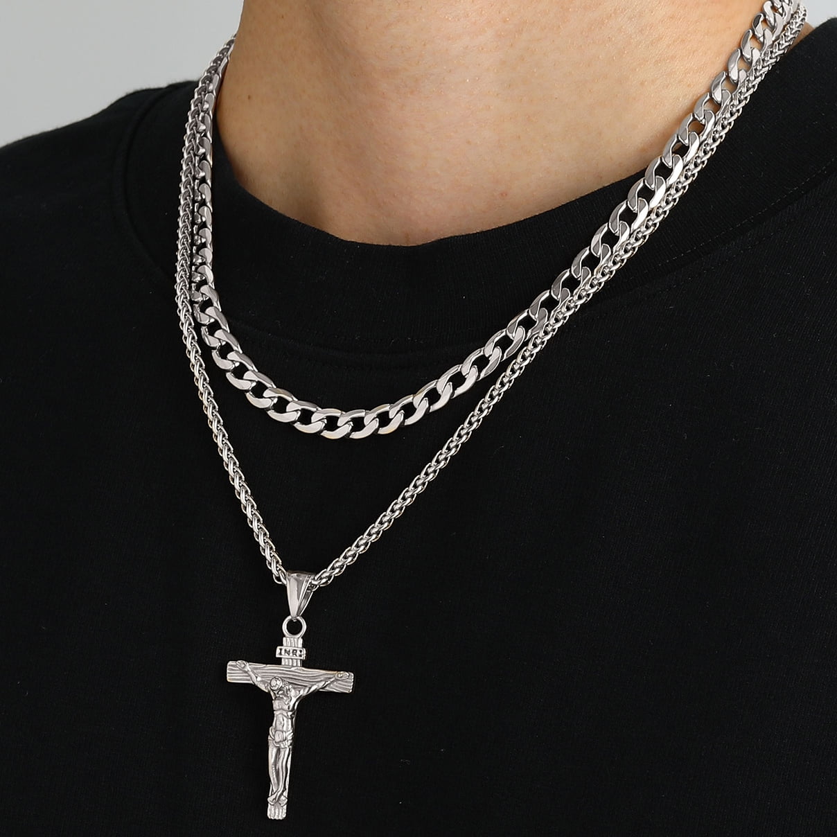FaithHeart Layered Silver Cross Necklace for Men Stainless Steel Cuban ...