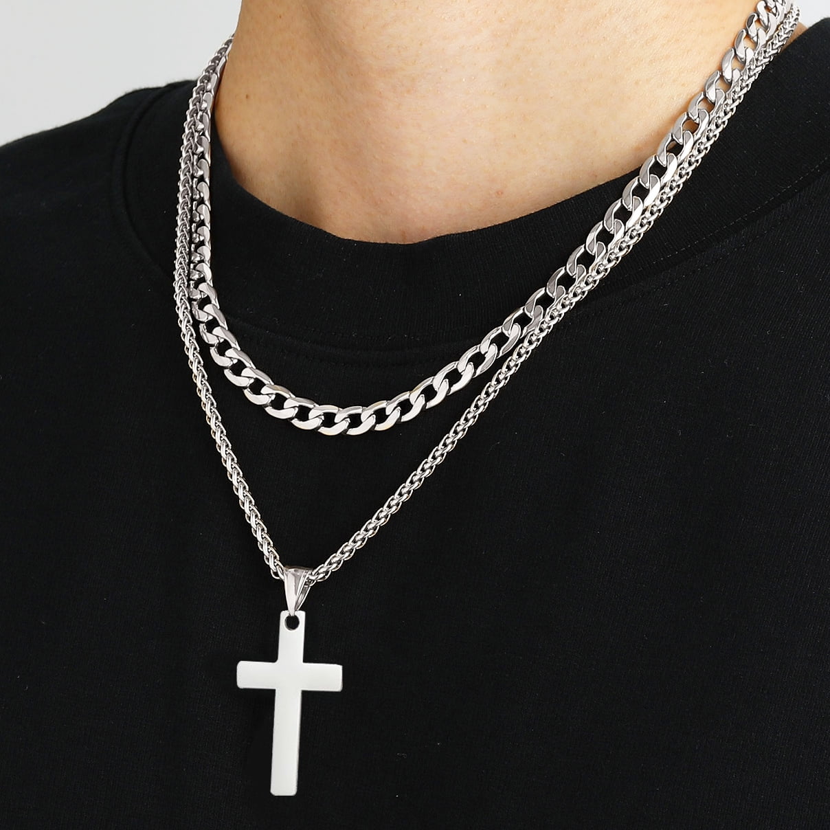 FaithHeart Layered Silver Cross Necklace for Men Stainless Steel Cuban ...