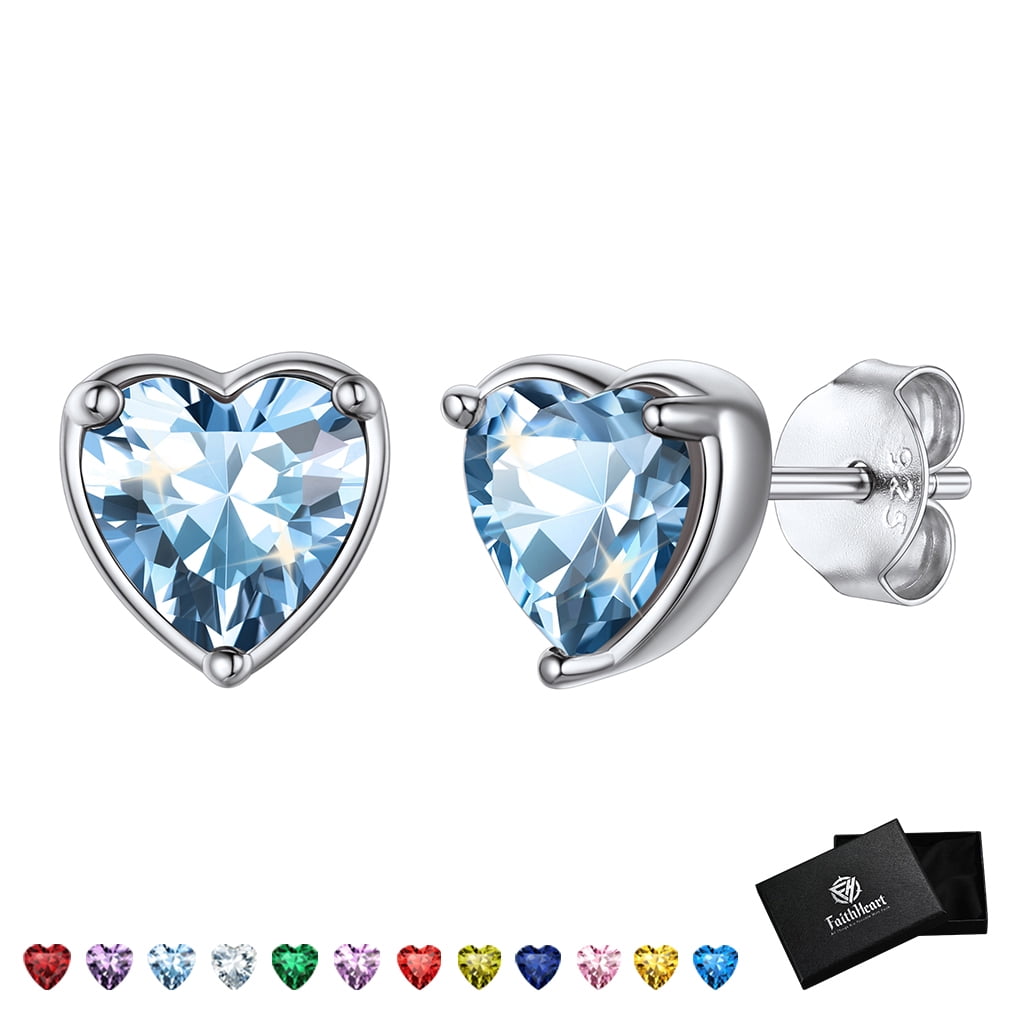 FaithHeart March Birthstone Heart Stud Earrings for Women 925 Sterling ...