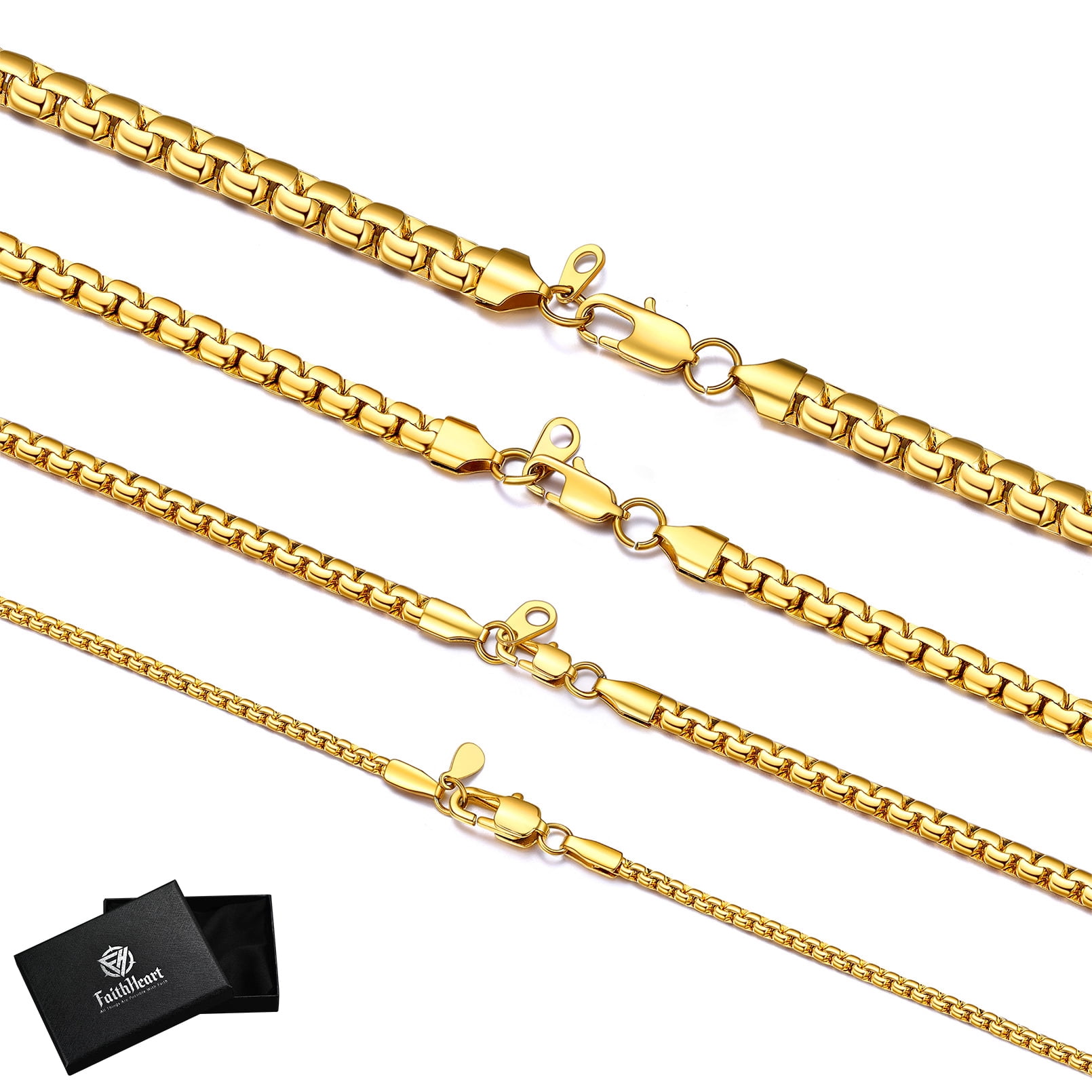 FaithHeart Men Necklace Gold Plated Stainless Steel Flat Box Link Chain ...