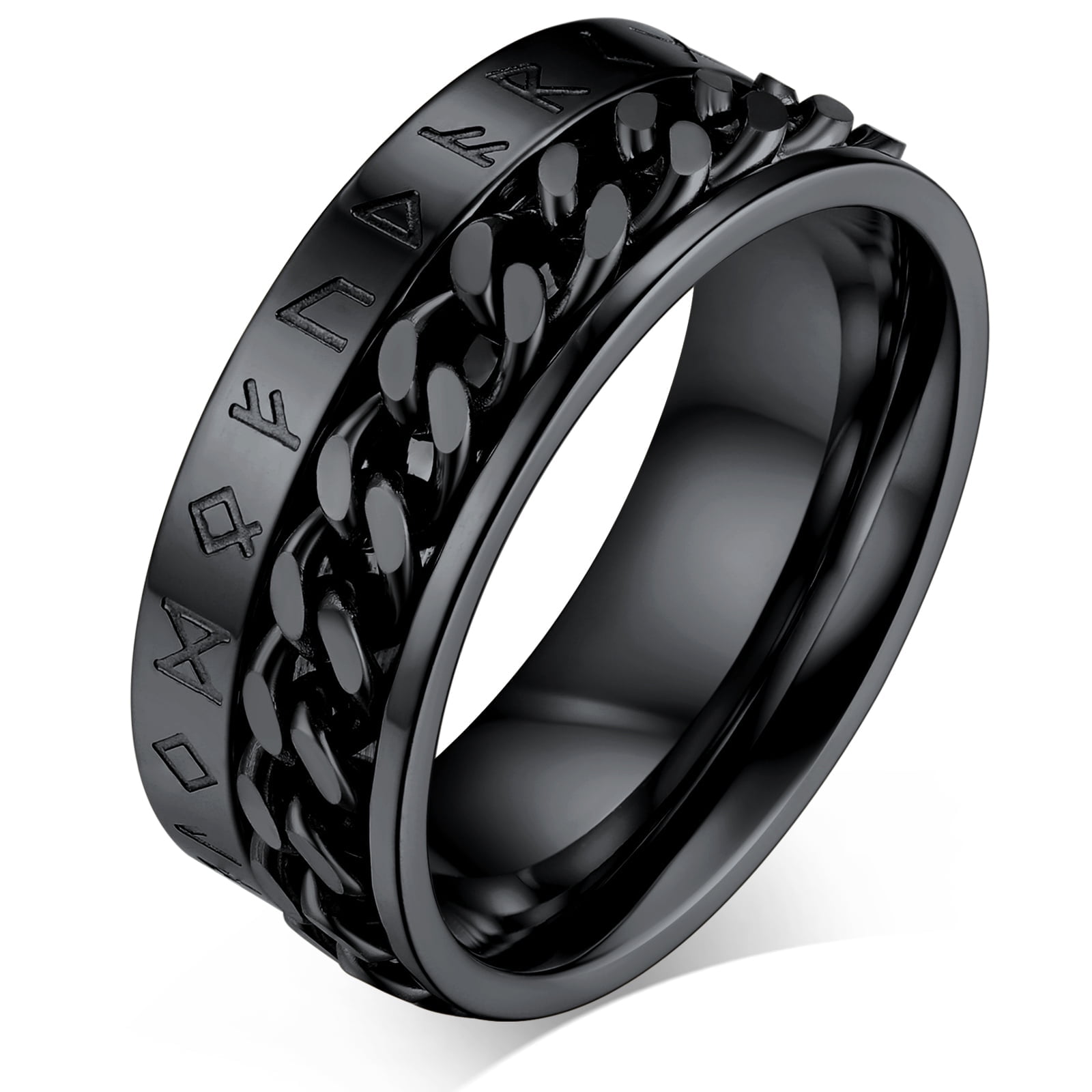 FaithHeart Nordic Viking Spinner Runes Ring for Men Jewelry Gift Black Punk Cuban Link Chain ...