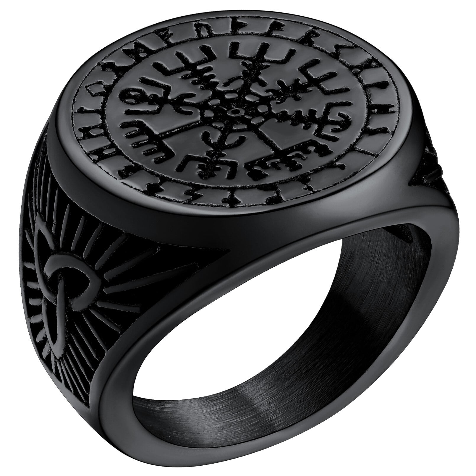 FaithHeart Nordic Viking Vegvisir Pirate Compass Ring for Men Solid Rune Band Rings Black ...