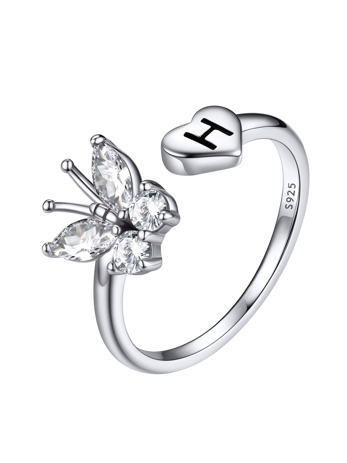 FaithHeart Resizable Heart Initial Ring for Women Lightweight Butterfly ...