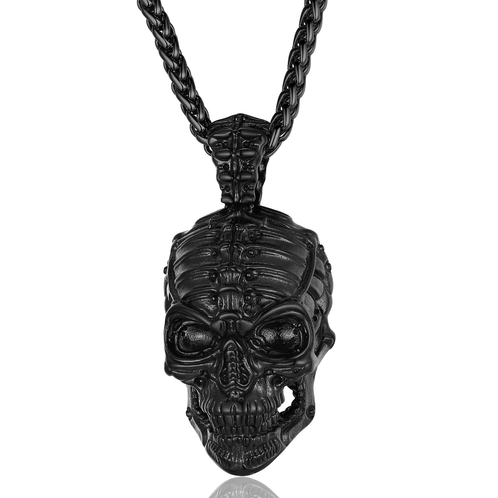 FaithHeart Skull Necklace for Men Skeleton Pendant Gothic Punk Cool Stainless Steel Black ...