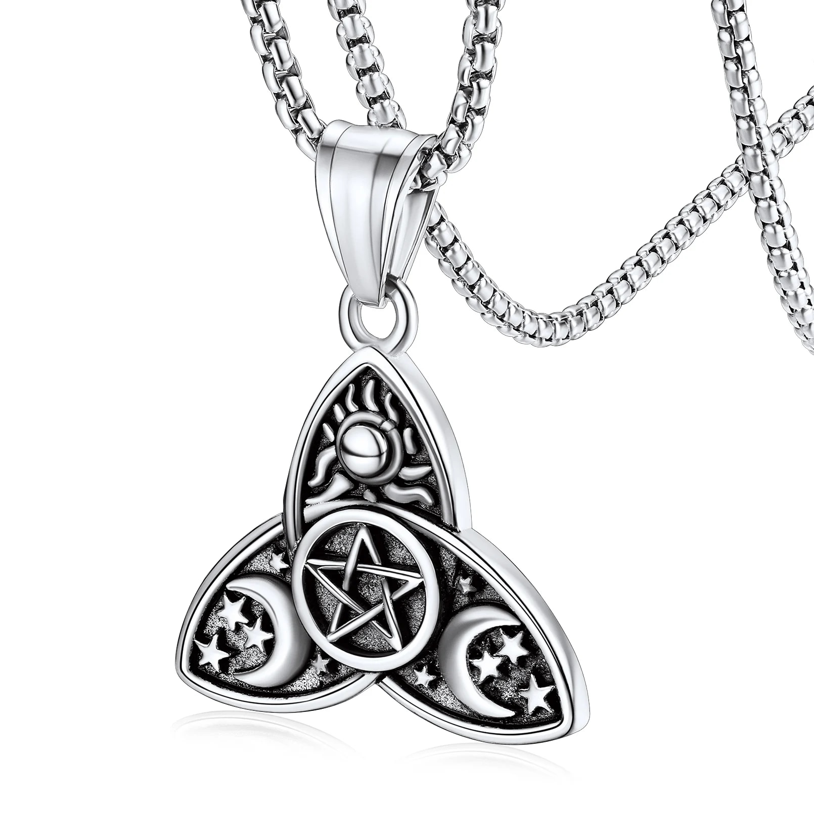 TEAMER Triquetra Triple Moon Goddess Necklace Silver Wiccan Pentagram ...