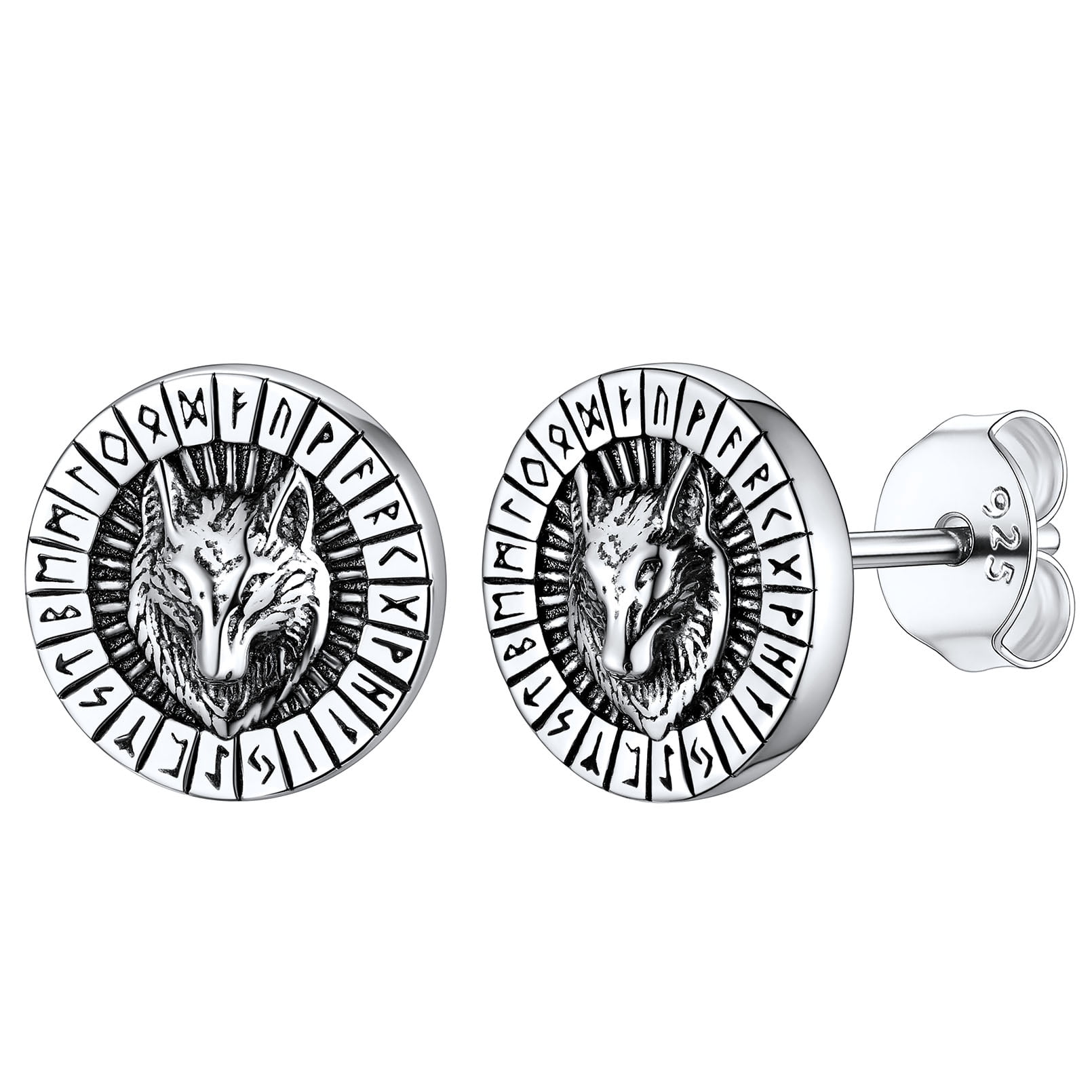 FaithHeart Viking Rune Wolf Head Stud Earrings for Men Women Sterling ...