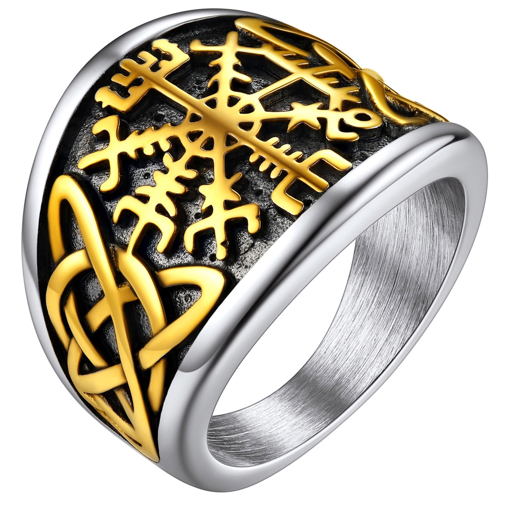 FaithHeart Viking Vegvisir Pirate Compass Mens Band Ring Gold Stainless ...
