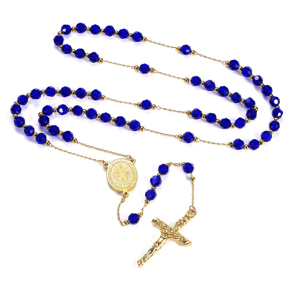FaithHeart Virgin Mary Rosary Necklace for Women Holy Blessed Blue ...
