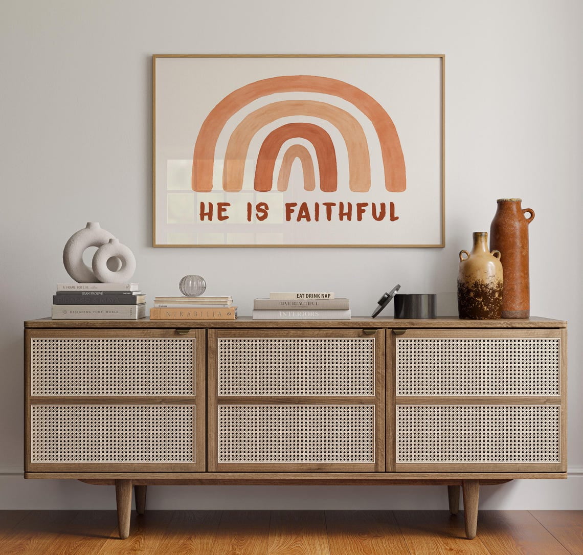 He Is Faithful Christian Rainbow Wall Art Neutral Bible Verse ...