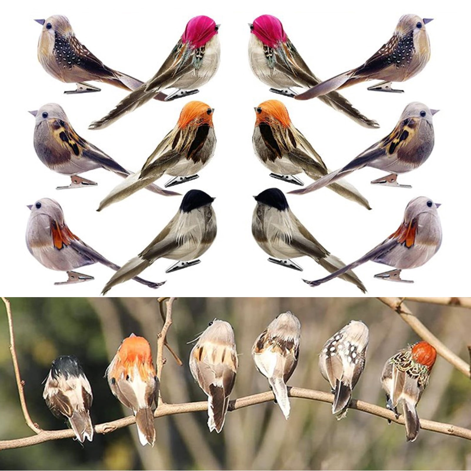 Fake Birds with Fixing Clip - 4" Mini Artificial Foam Sparrows Feather ...