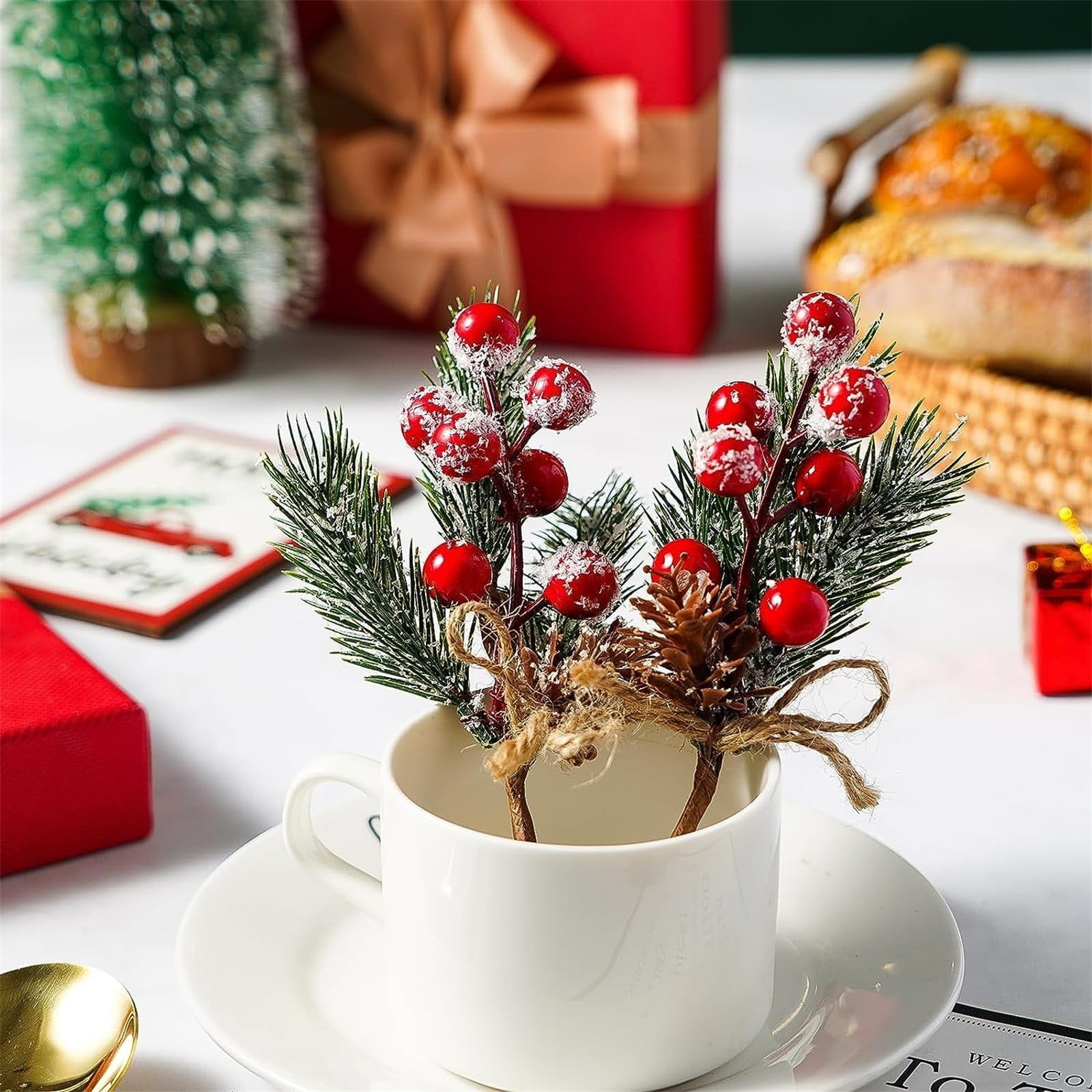 Fake Flowers,10 Pieces Christmas Red Berry Stems With Branches Red Holly Berries And For Winter ...