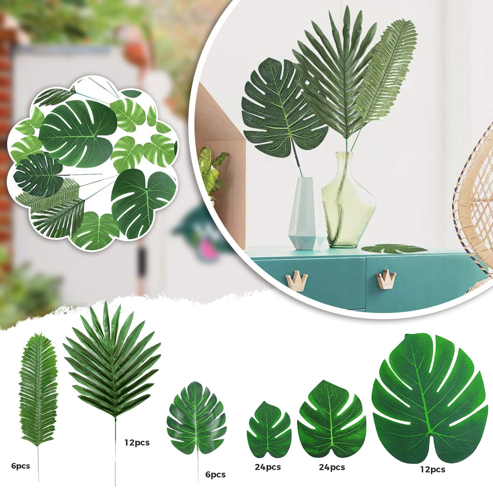 Fake Flowers,Artificial Tropical Leaves 6 Species 84 Pack Stemmed ...