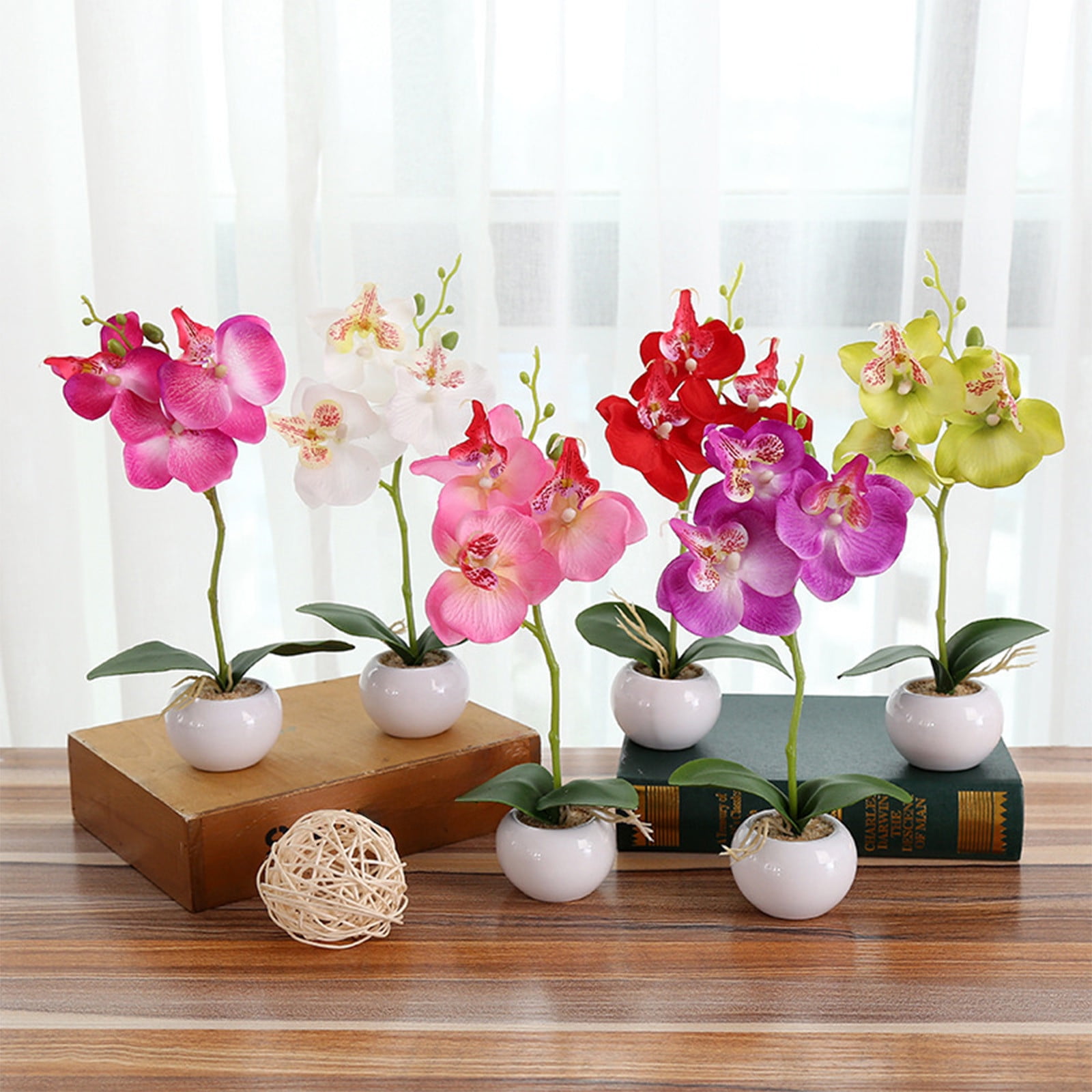 Fake Flowers Small Round Pot, Phalaenopsis Simulation, 3-Blossom ...