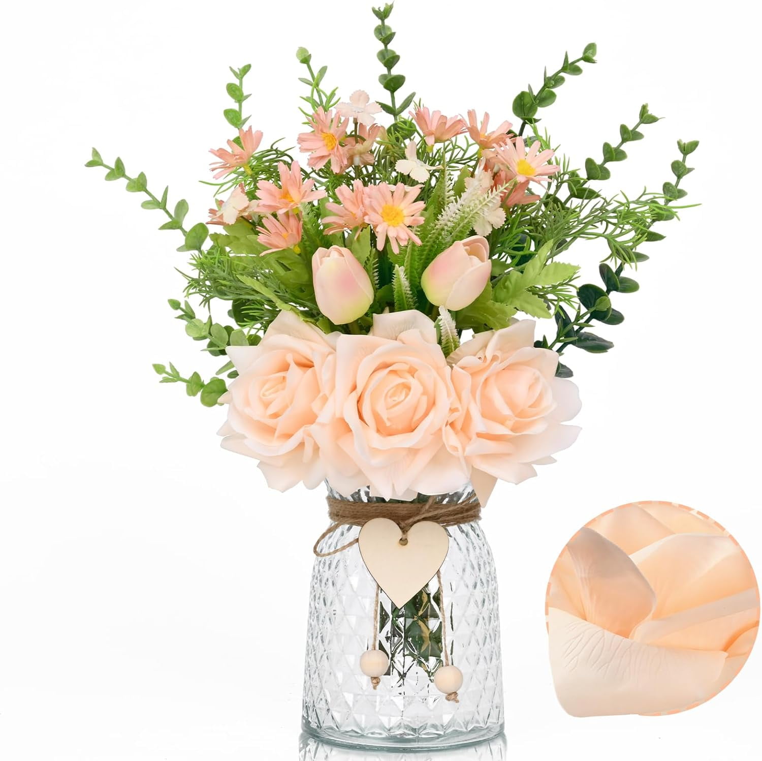 Fake Flowers in Vase, Pink Real Touch Roses Artificial Flowers with ...