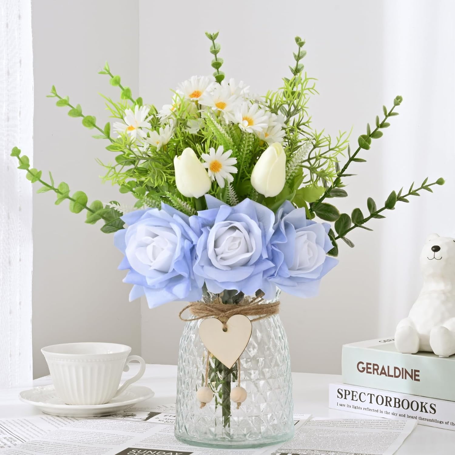 Fake Flowers in Vase, Pink Real Touch Roses Artificial Flowers with ...