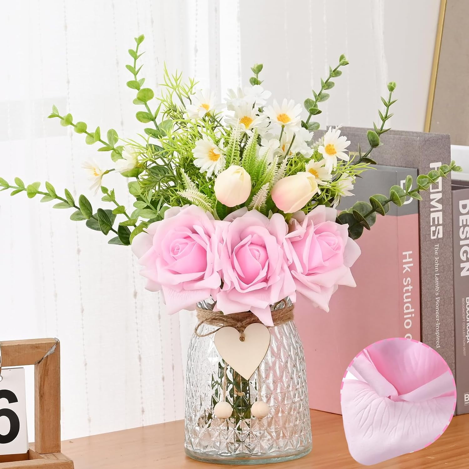 Fake Flowers in Vase, Pink Real Touch Roses Artificial Flowers with ...