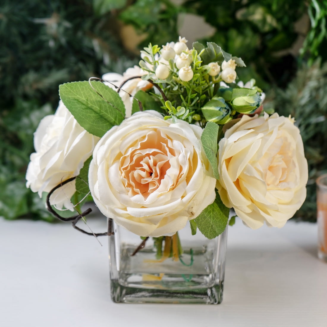 Fake Flowers with Vase, Silk Roses Artificial Flowers in Vase, Faux ...